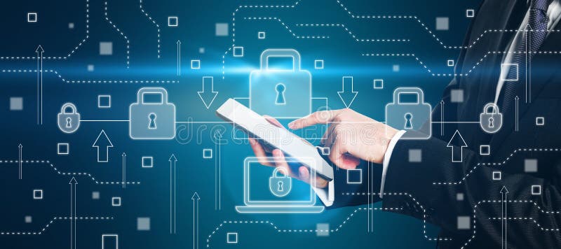 Businessman Using Tablet with Abstract Glowing Computer Network and ...