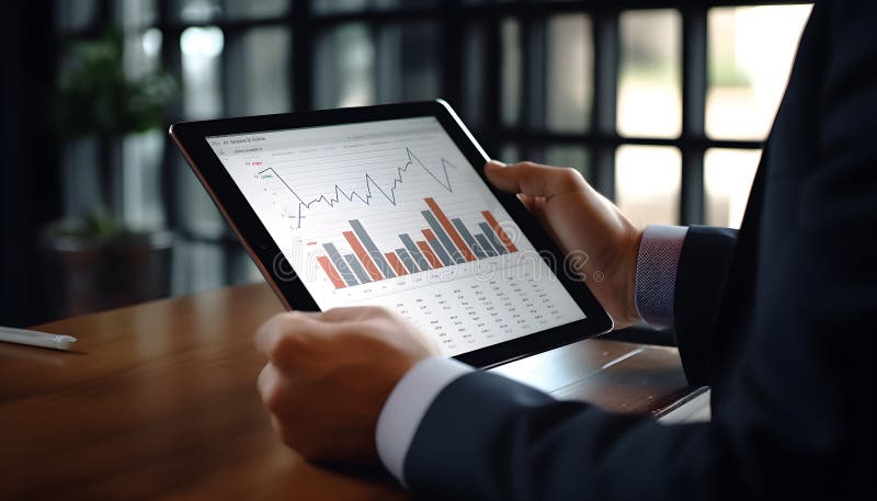 Businessman Using Tablet Analyzing Data and Graph Chart. Generative AI ...