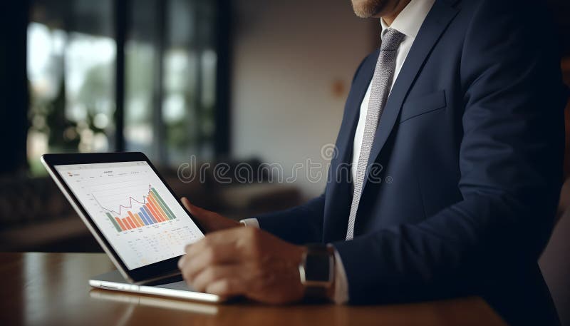 Businessman Using Tablet Analyzing Data and Graph Chart. Generative AI ...