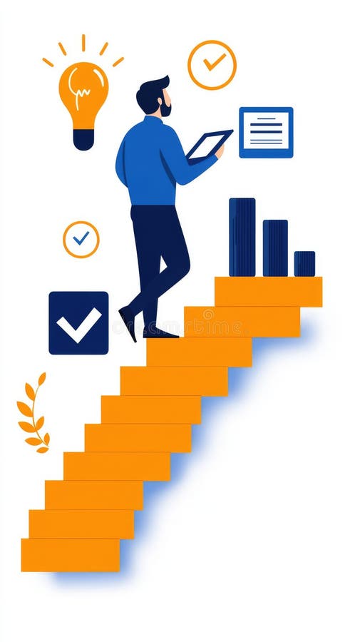 Businessman Using a Tablet while Ascending Stairs, Representing Growth ...
