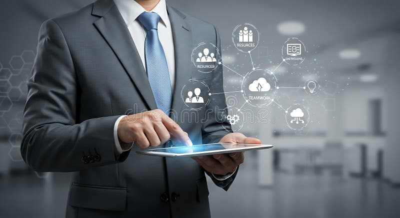 Businessman Using Tablet: Cloud Teamwork and Resource Management Visual ...