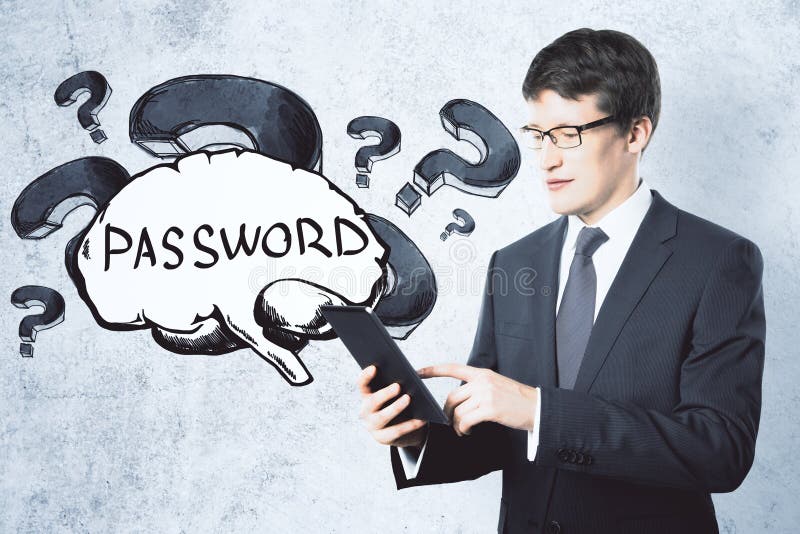 Businessman Using Tablet with Drawing Question Mark and Password Text ...