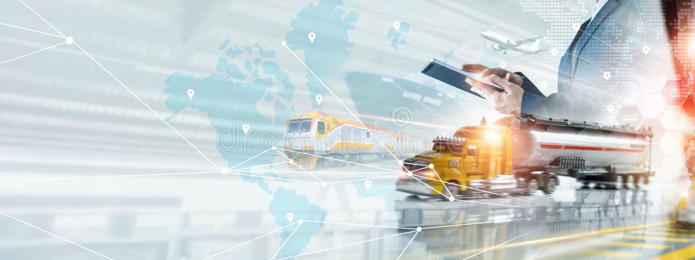 Businessman Using Tablet on Global Logistic and Transportation Network ...