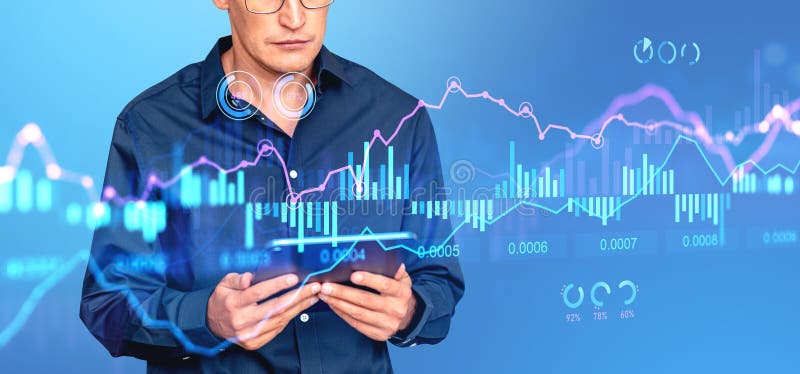 Businessman Using Tablet in Hand, Forex Diagrams and Stock Market Data ...
