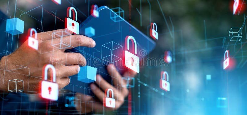 Businessman Using Tablet in Hands, Padlock and Big Data Protection ...