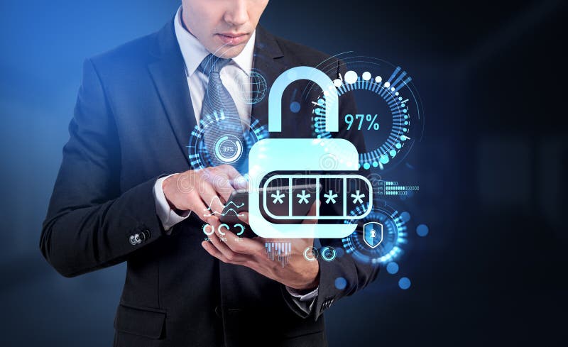 Businessman Using Tablet in Hands, Padlock Hud and Big Business Stock ...