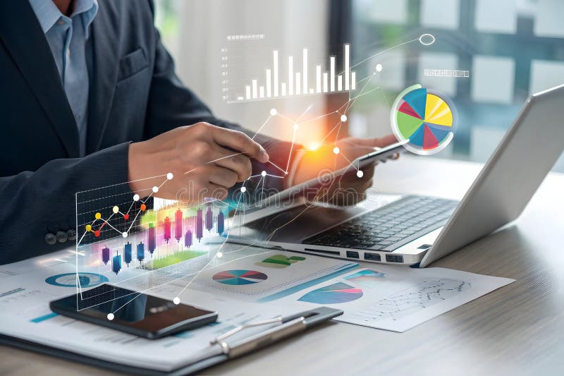 Businessman Using Tablet and Laptop Analyzing Sales Data and Economic ...