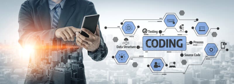 Businessman Using Tablet Surrounded by Data Coding Concepts and Visual Elements for Software ...