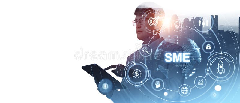 Businessman Using Tablet with Technology Icons Around SME Concep Stock ...
