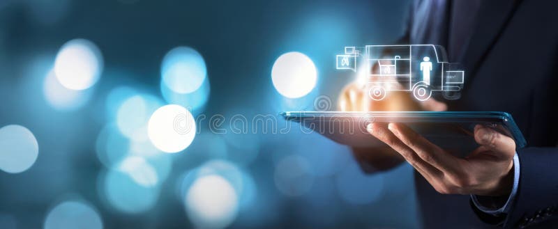 The Businessman Using a Tablet To Visualize Delivery Logistics and ...