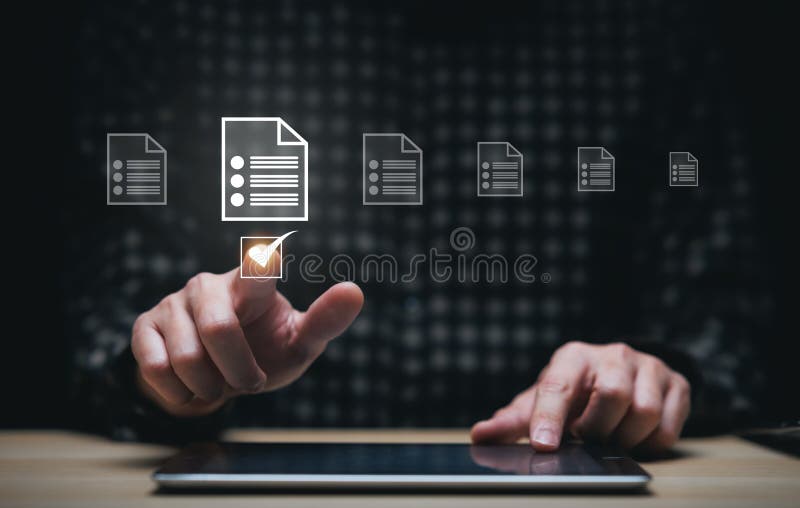 Businessman Using Tablet and Touching on Document Icon for Approve and ...