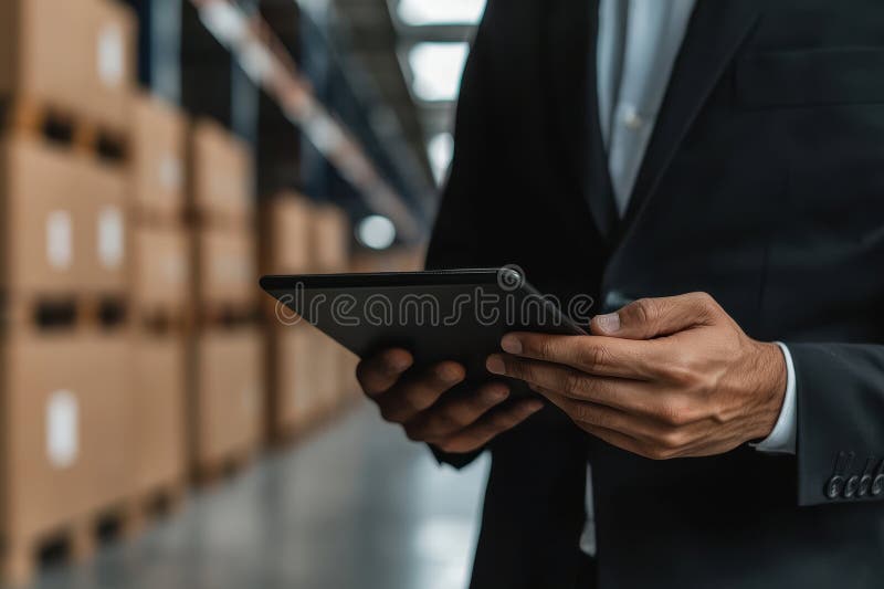 Businessman Using Tablet in Warehouse Setting Stock Photo - Image of ...
