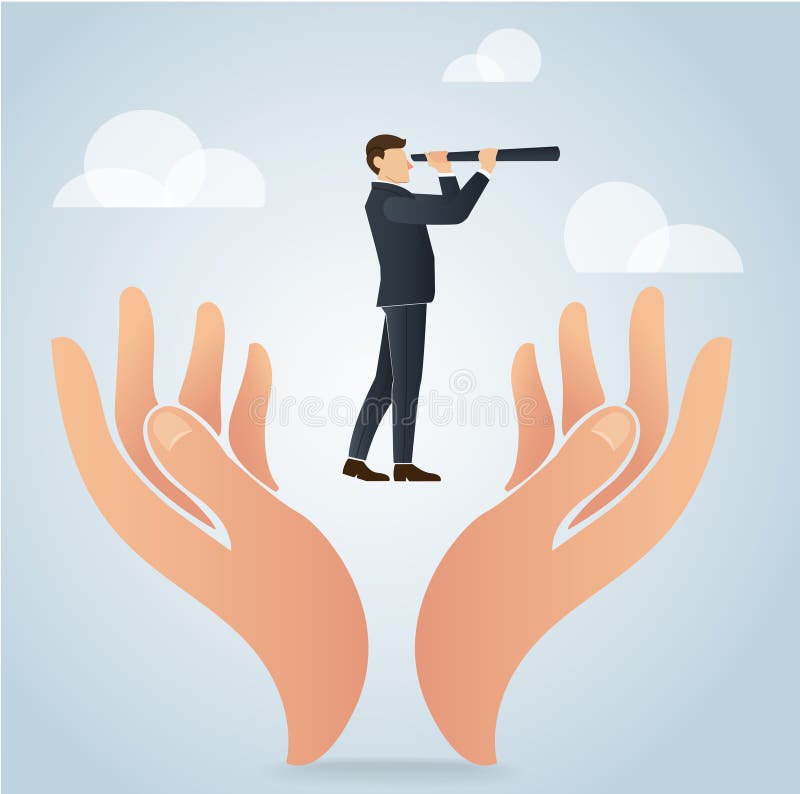 Businessman Using a Telescope on Big Hand Vector, Business Concept ...