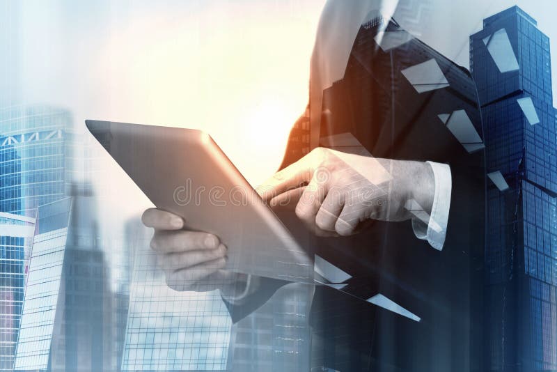 Businessman using touchpad stock image. Image of adult - 112381481