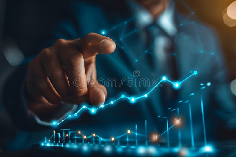A Businessman is Using Virtual Graphs To Analyze Data, Demonstrating ...