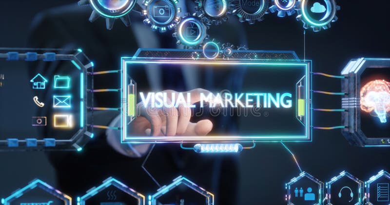 Businessman Using Virtual Touchscreen To Select Visual Marketing from ...