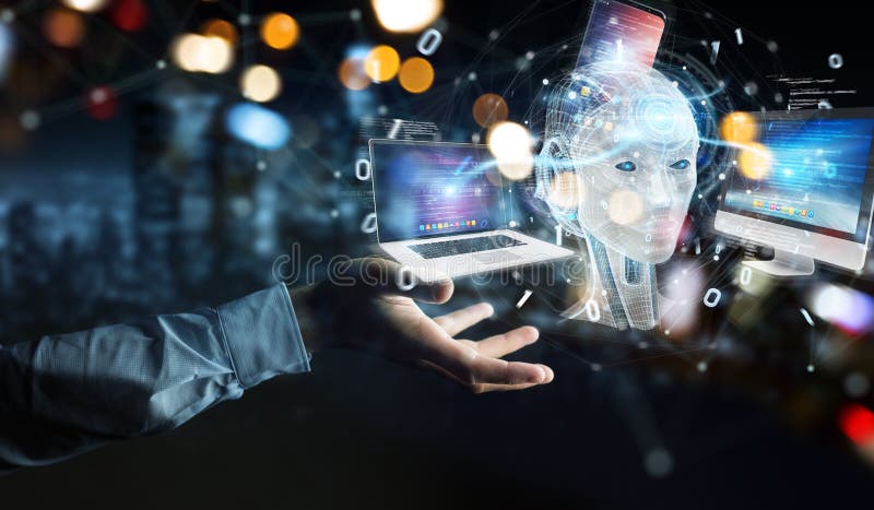 Businessman Using White Humanoid Controlling Modern Devices 3D R Stock ...