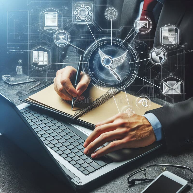 Businessman Utilizing Laptop Computer with Document I Stock ...