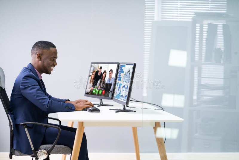 Businessman Video Conferencing on Computer Stock Image - Image of ...