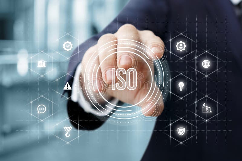 Businessman on a Virtual Computer Screen Works with the ISO Standards ...