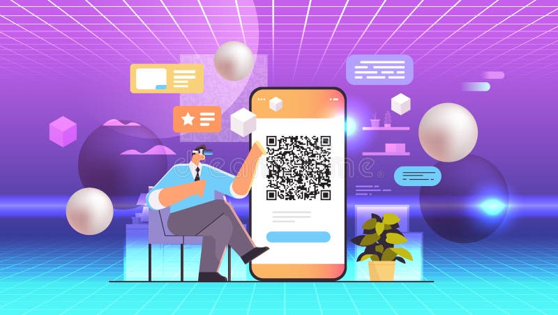 Businessman in Virtual Reality Glasses Scanning QR Code on Smartphone ...