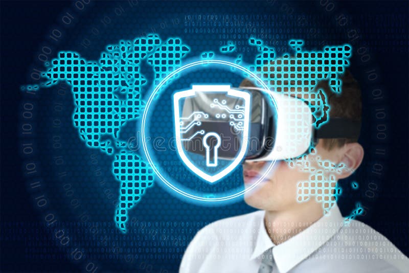 Businessman with VR Glasses and Interface with Digital World Map ...