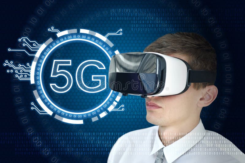 Businessman with VR Glasses and Interface with 5G Network Internet ...