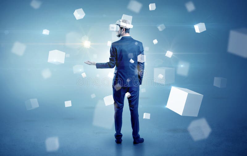 Businessman with Vr Goggle and Falling Cubes Stock Photo - Image of ...