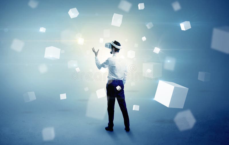 Businessman with Vr Goggle and Falling Cubes Stock Image - Image of ...