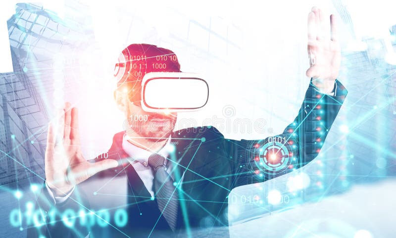 Man in VR Headset in Server Room, HUD Stock Photo - Image of electronic ...