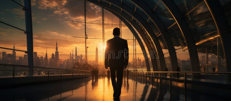 Businessman Walking in the Airport Terminal at Sunset Stock ... Businessman Walking in the Airport Terminal at Sunset Stock ...
