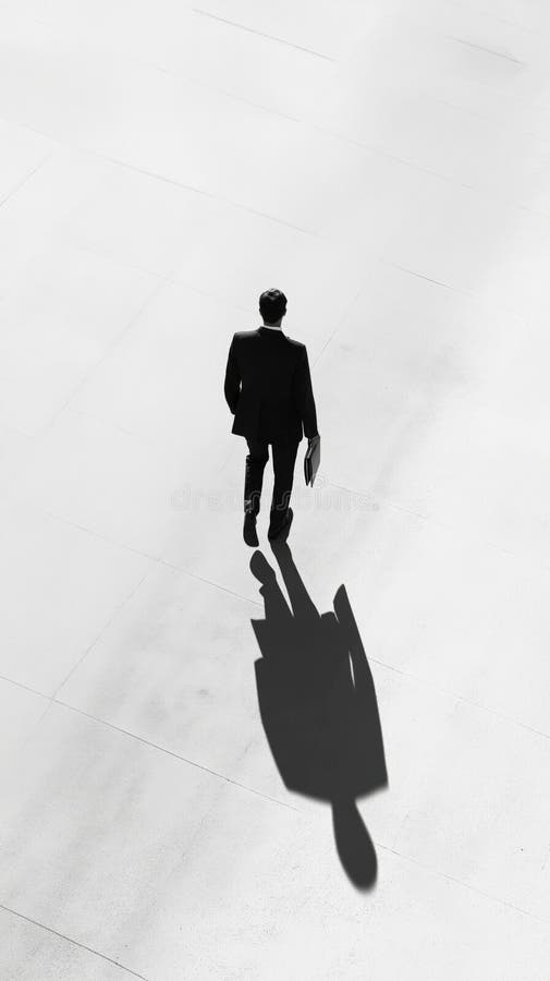A Businessman Walking Alone on a Wide, Empty Surface, Casting a Long ...