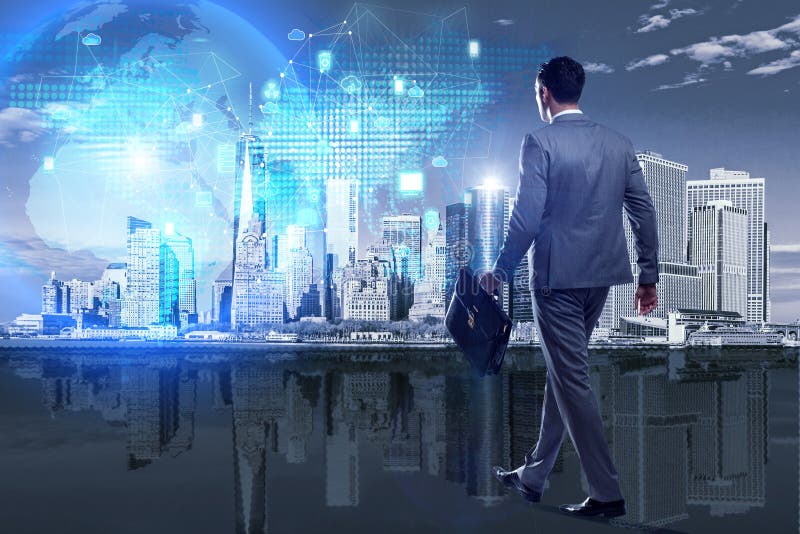 The Businessman Walking in Cloud Computing Concept Stock Illustration ...