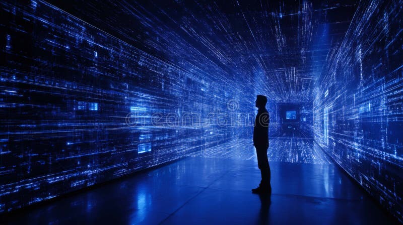 Businessman Walking into Digital Matrix Corridor of Data Flow Stock ...