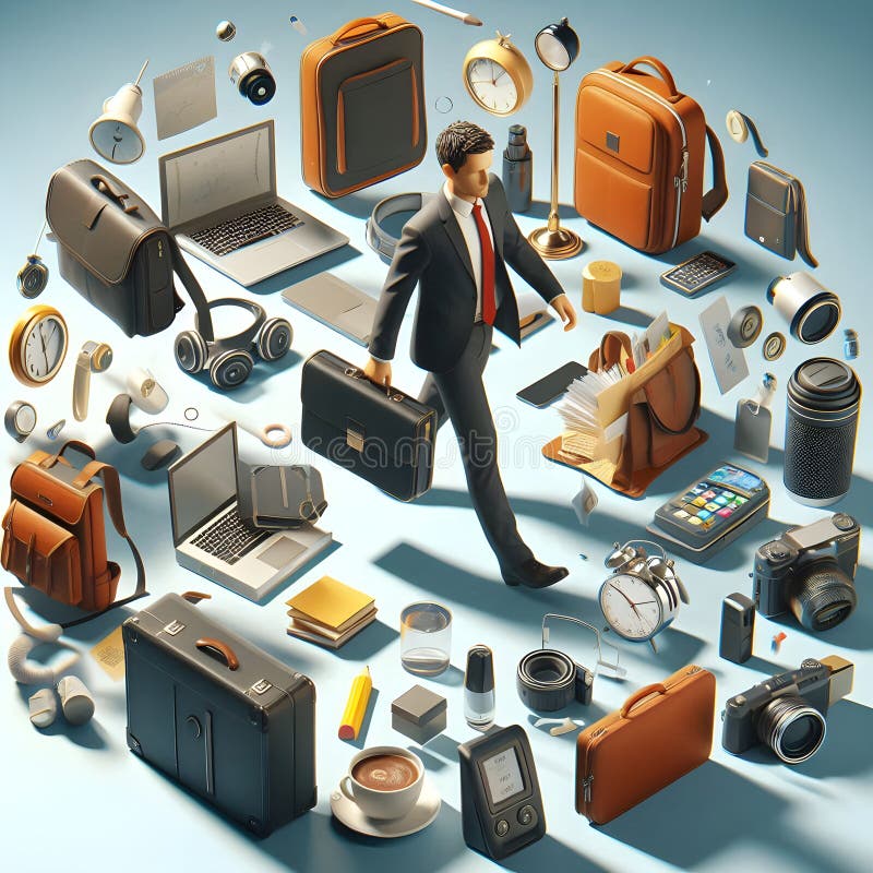 Businessman Walking through Everyday Objects Representing Work Life ...