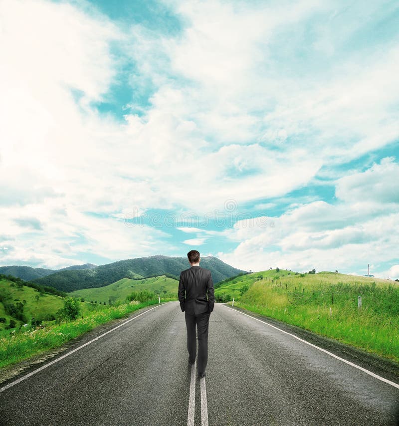 Businessman Walking on Road Stock Image - Image of country, cloudscape ...