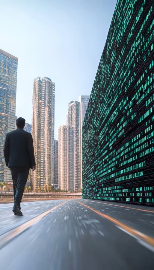 Businessman Walking Towards Digital Code Wall on City Street, Concept ...