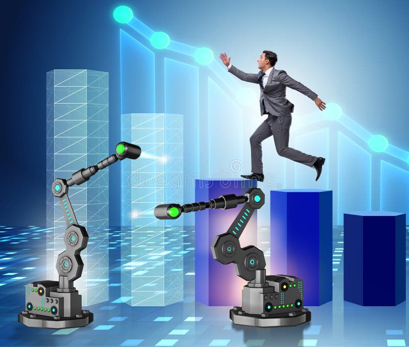 Businessman Walking Up the Chart Supported by Robotic Arm Stock ...