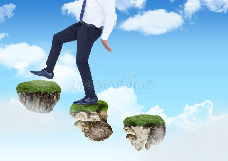 Businessman Walking Up Steps of Floating Rock Platforms in Sky Stock ...