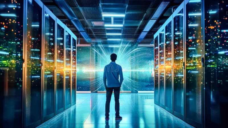 Businessman Walks through Data Center Corridor, Visually Inspecting ...