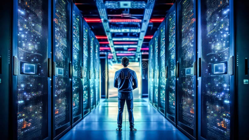 Businessman Walks through Data Center Corridor, Visually Inspecting ...