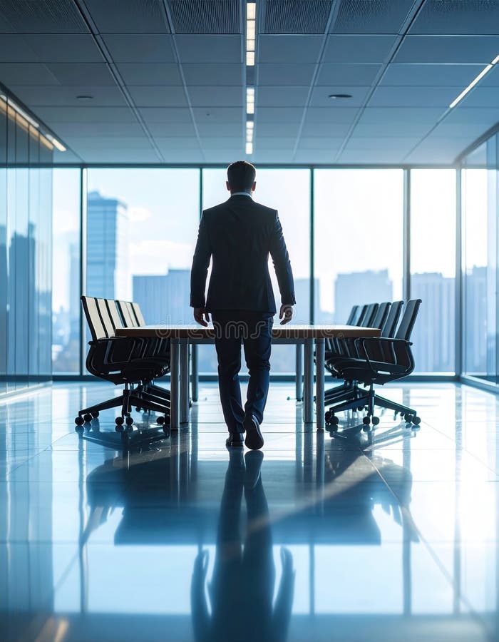 Businessman Walks Toward Conference Table in Modern High Rise Office ...