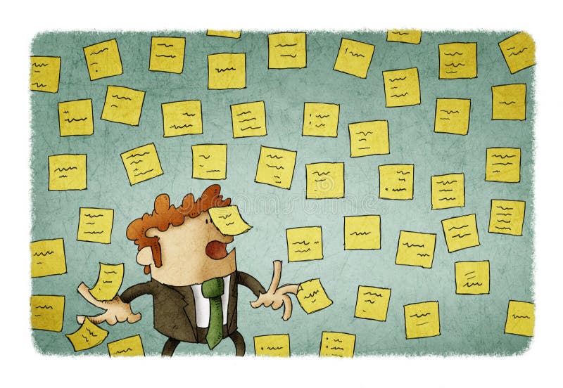 Businessman with Wall Full of Reminder Notes, Concept of a Lot of Work ...