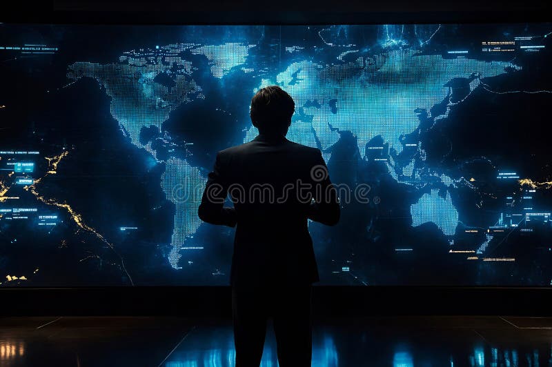Businessman Watching Global Map on Big Screen in Control Room Stock ...