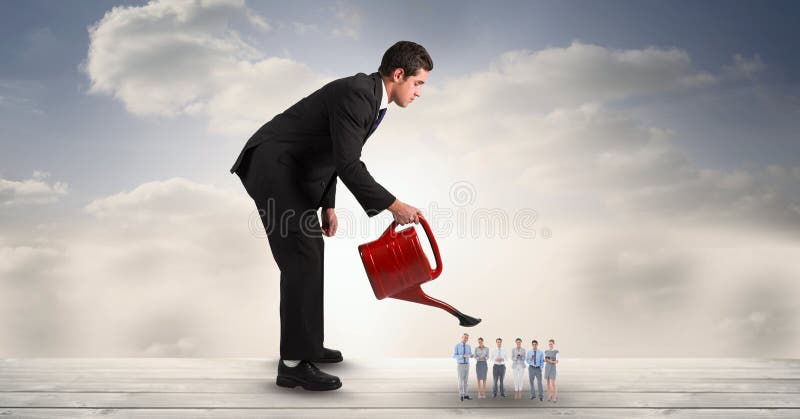 Businessman Watering Employees Against Sky Stock Illustration ...