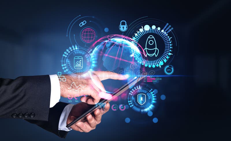 Businessman Wearing Formal Wear Holding Tablet Device with Digital ...