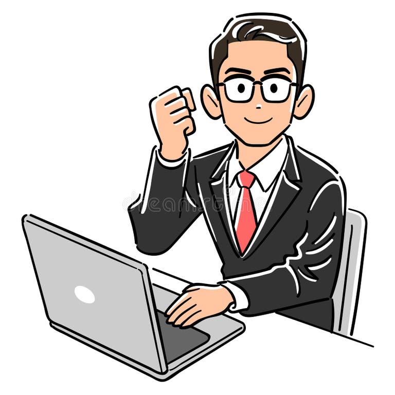 A Businessman Wearing Glasses Operating a Computer, Posing Guts Stock ...