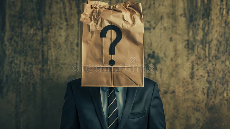 Businessman Wearing Paper Bag on Head with a Question Mark Concept ... Businessman Wearing Paper Bag on Head with a Question Mark Concept ...