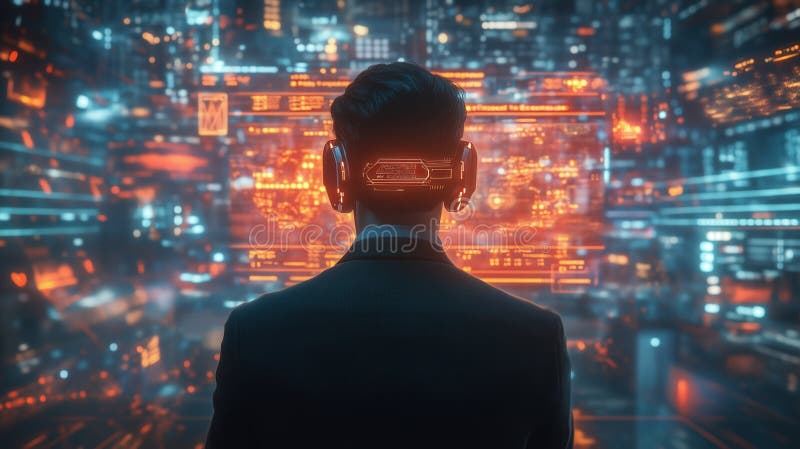 Businessman Wearing Virtual Reality Headset Analyzing Data on ...