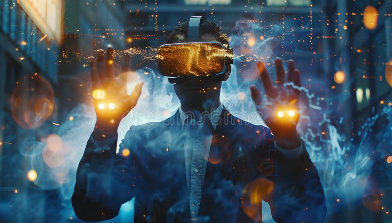 Businessman Wearing VR Headset Working with Virtual System. New Reality ...